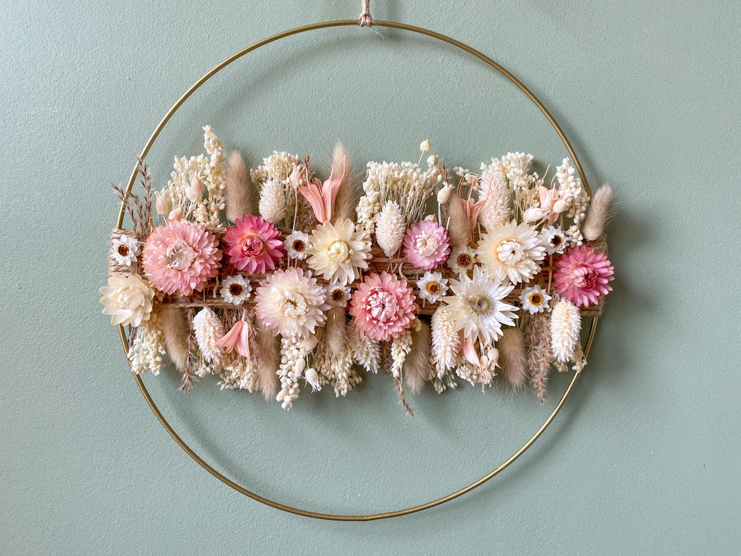 Pink & White Dried Flower Hoop – Romantic Floral Wall Art With ...