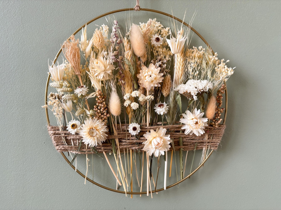 Neutral Rustic Boho Dried Flower Wall Art – Botanical Hoop With Wheat ...