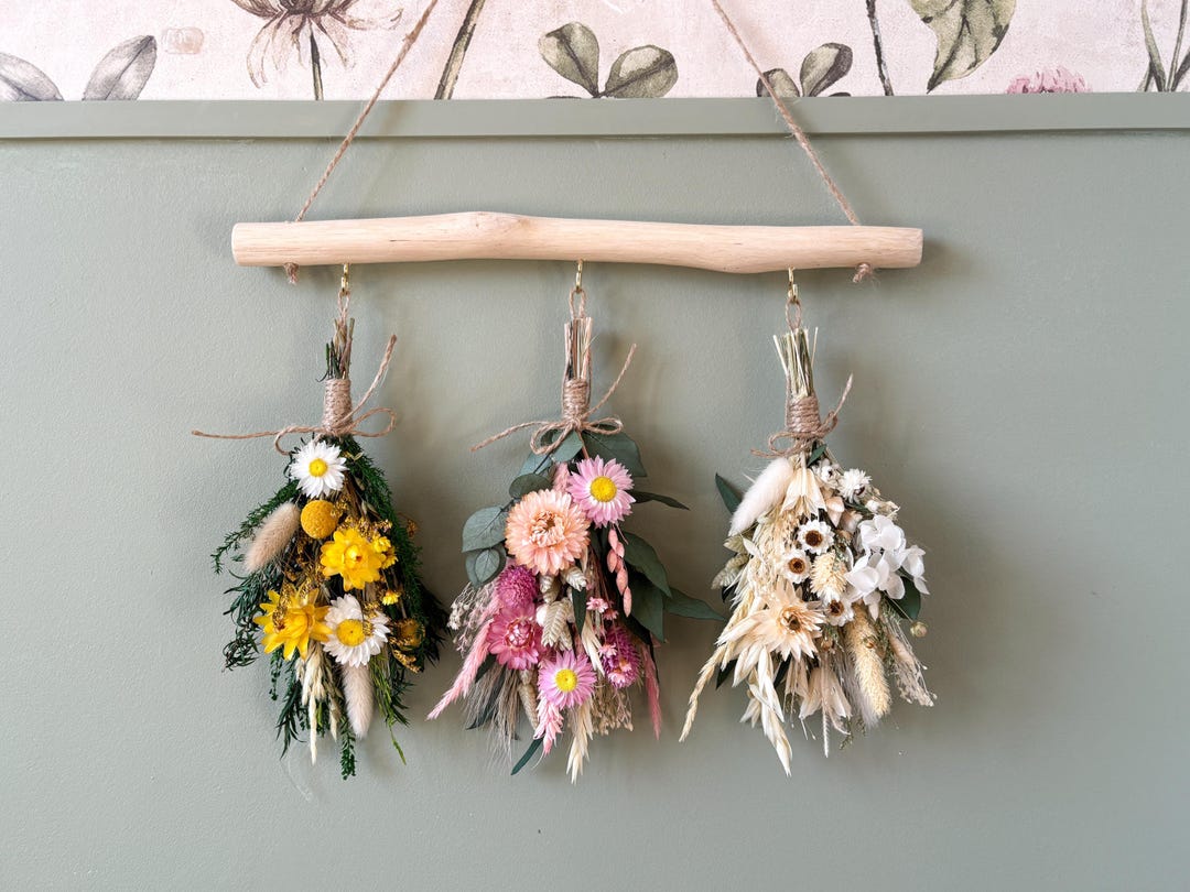 Spring Dried Flower Wall Hanging With Bouquets on Birch Branch – Eco ...