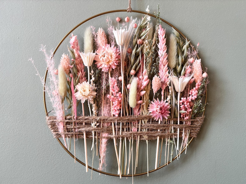 Ethereal Dried Flower Hoop – Pink & Pistachio Pastel Wall Hanging for ...