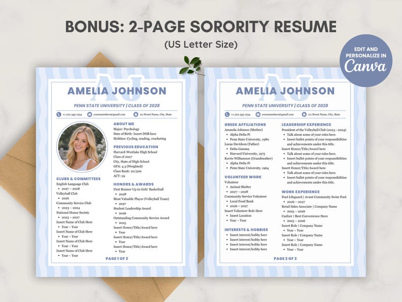 Sorority Resume Template Canva | Editable Blue Social Resume With Photo ...