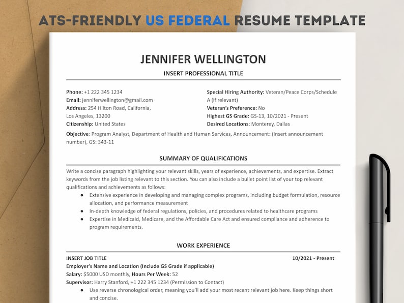 ATS US Federal Resume Template 2025 for Word & Google Docs | Government ...
