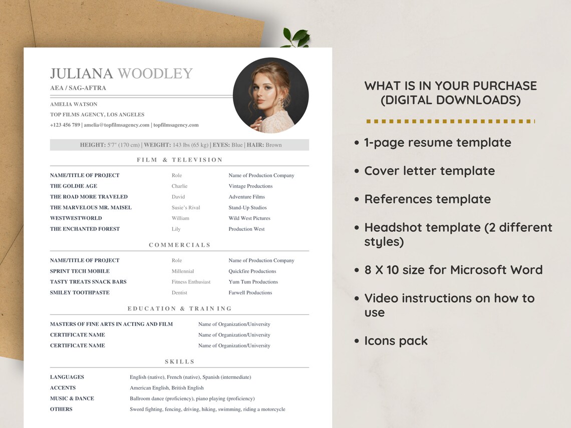 Actor Resume Template Headshot & Cover Letter, 8x10 for Microsoft Word ...