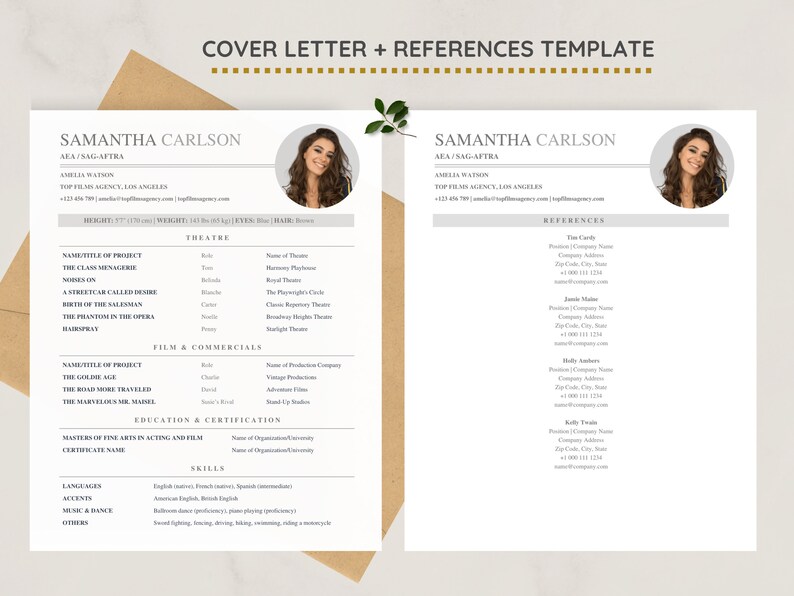 Theatre Actor Resume Template + Headshot & Cover Letter, 8x10 for ...