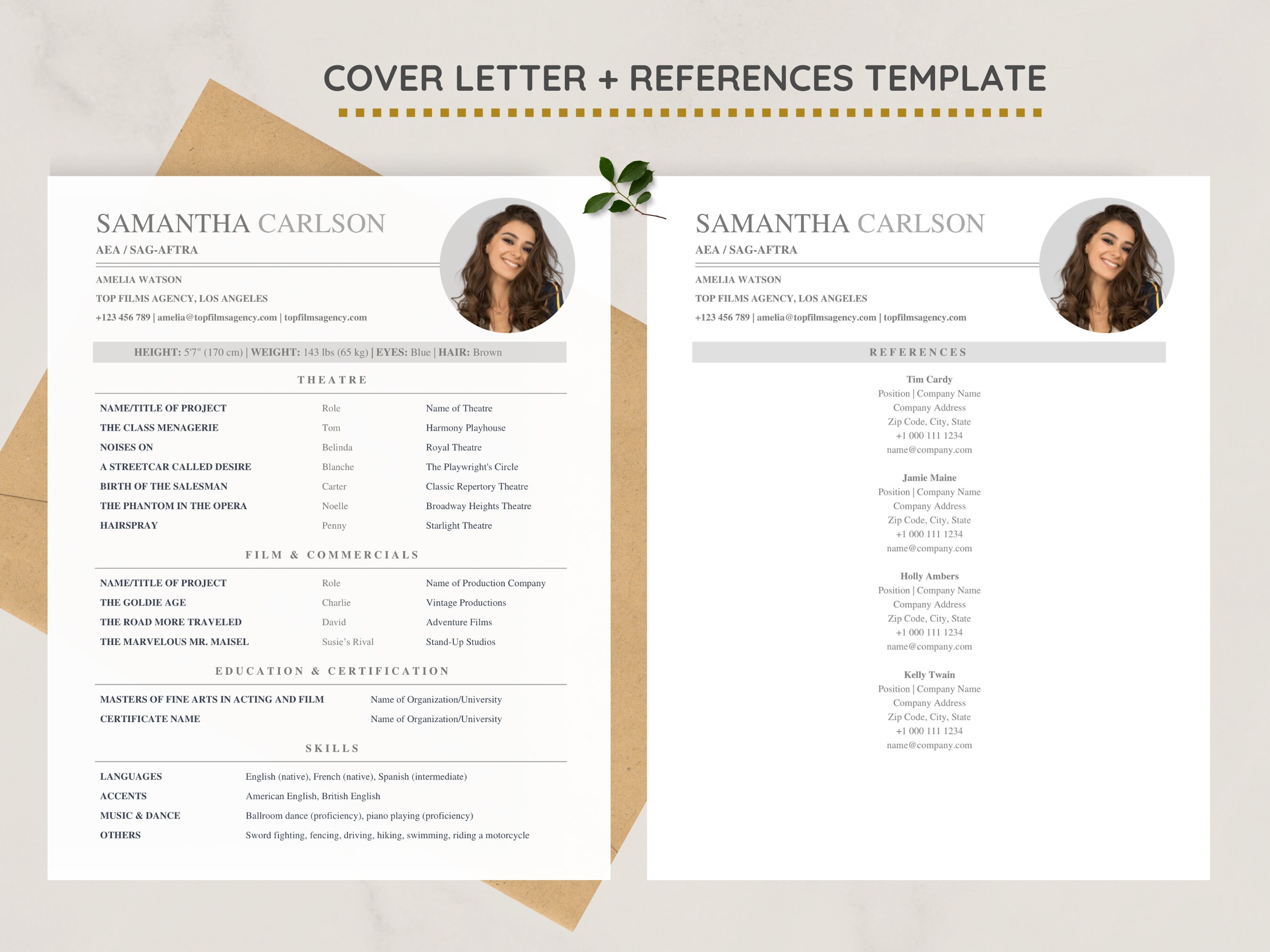Theatre Actor Resume Template + Headshot & Cover Letter, 8x10 for ...