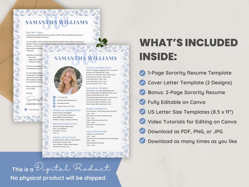 Sorority Resume Template Canva | Editable Blue Social Resume With Photo ...