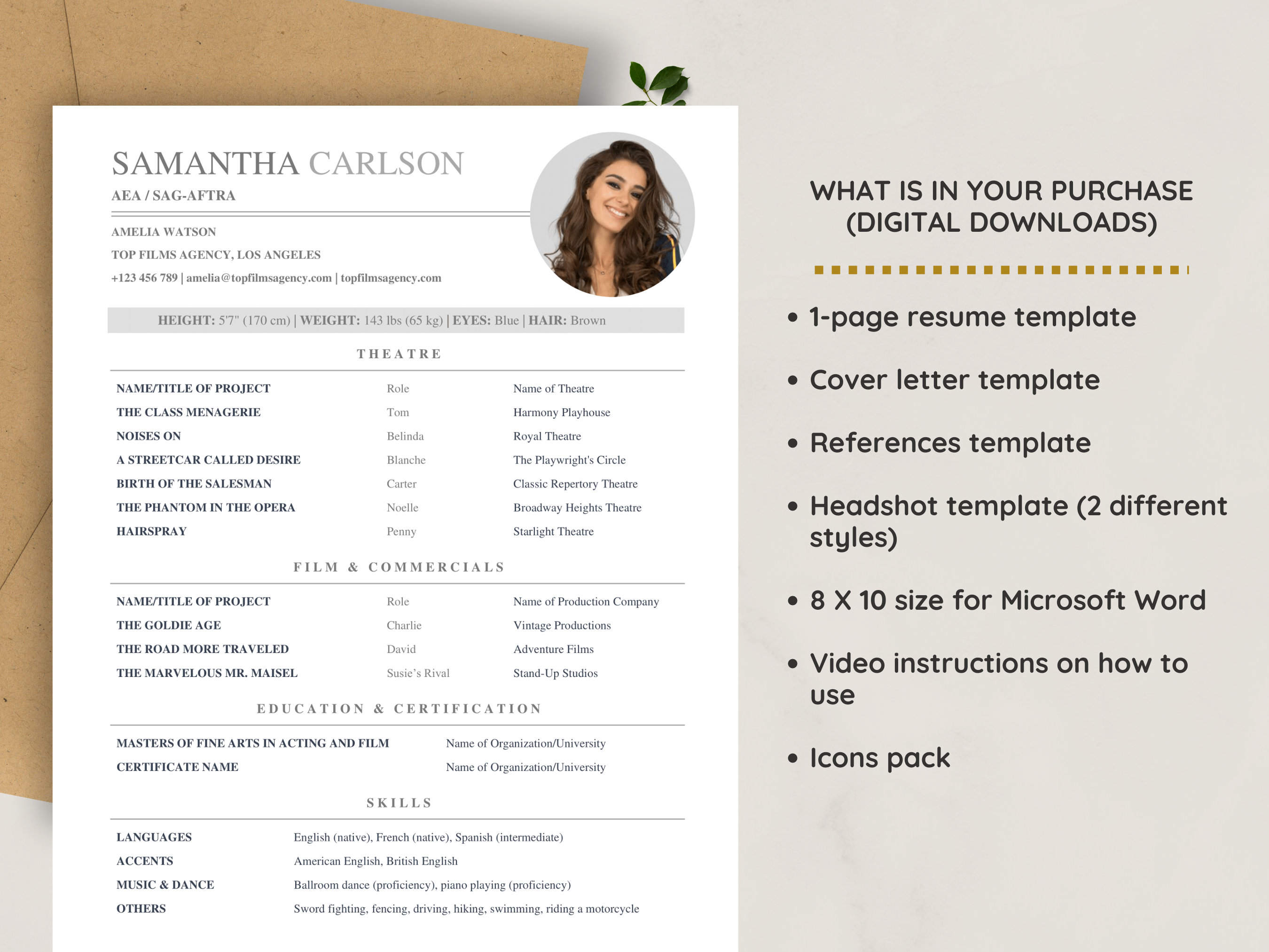 Theatre Actor Resume Template + Headshot & Cover Letter, 8x10 for ...