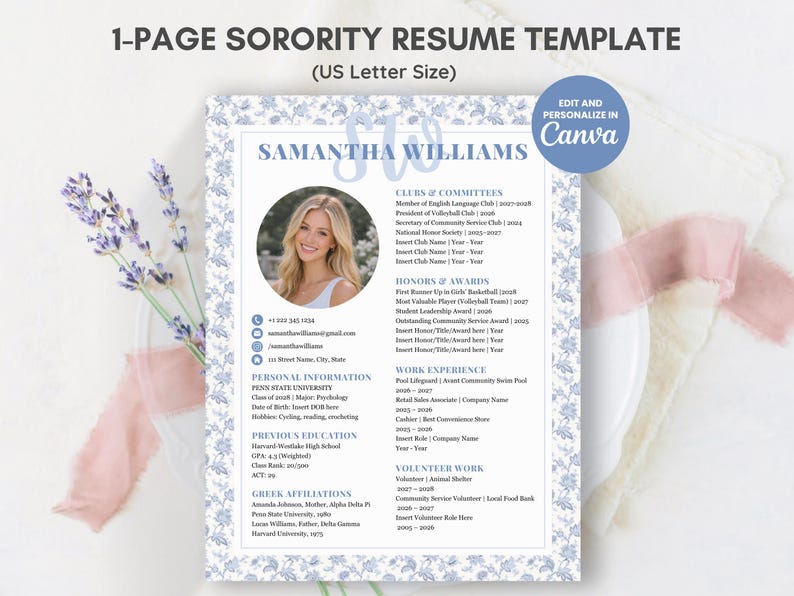 Sorority Resume Template Canva | Editable Blue Social Resume With Photo ...