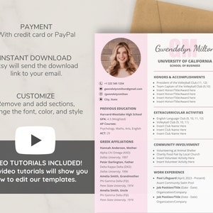 Sorority Resume Template With Photo, Google Docs | Digital Download ...