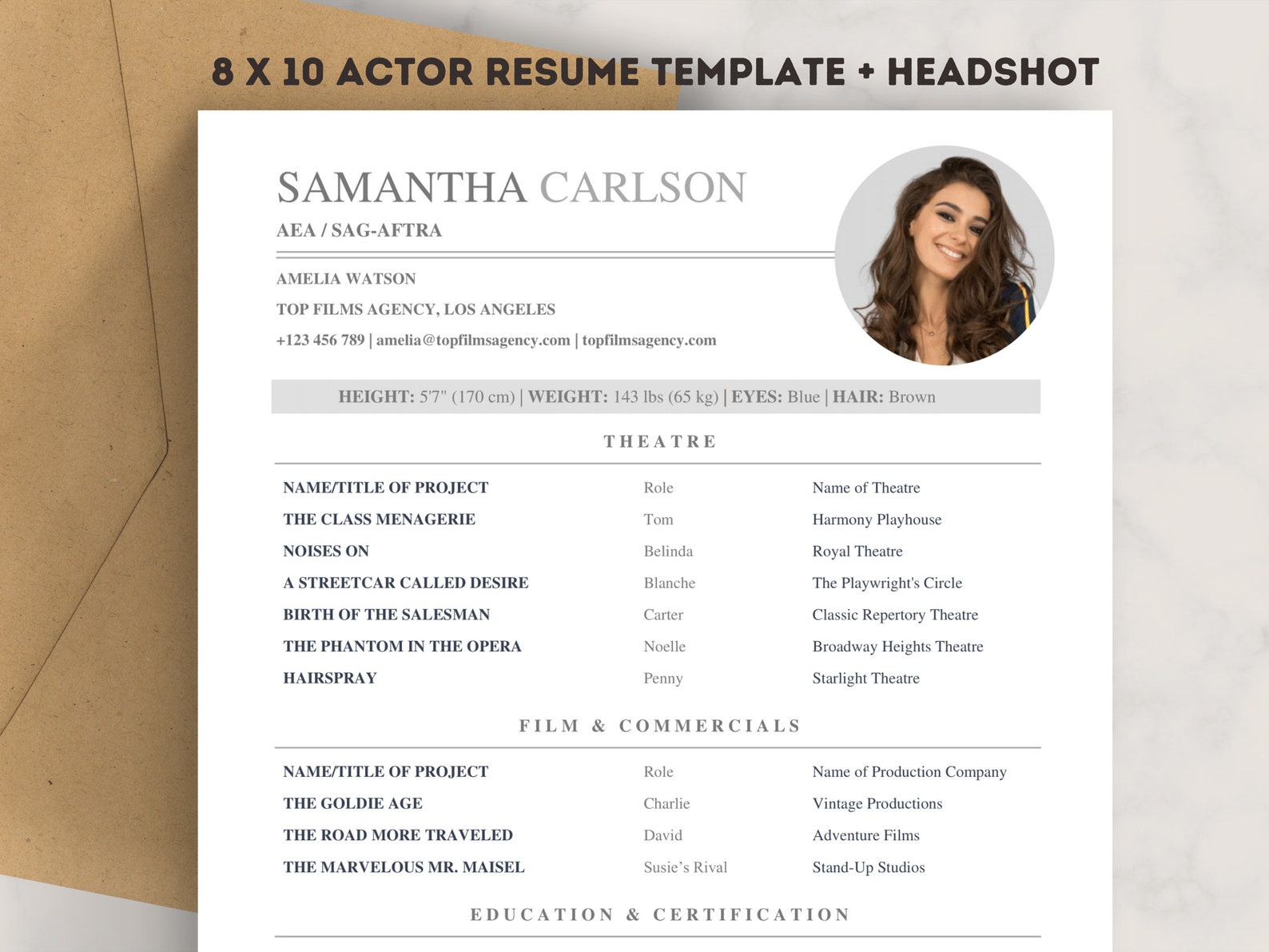 Theatre Actor Resume Template + Headshot & Cover Letter, 8x10 for ...