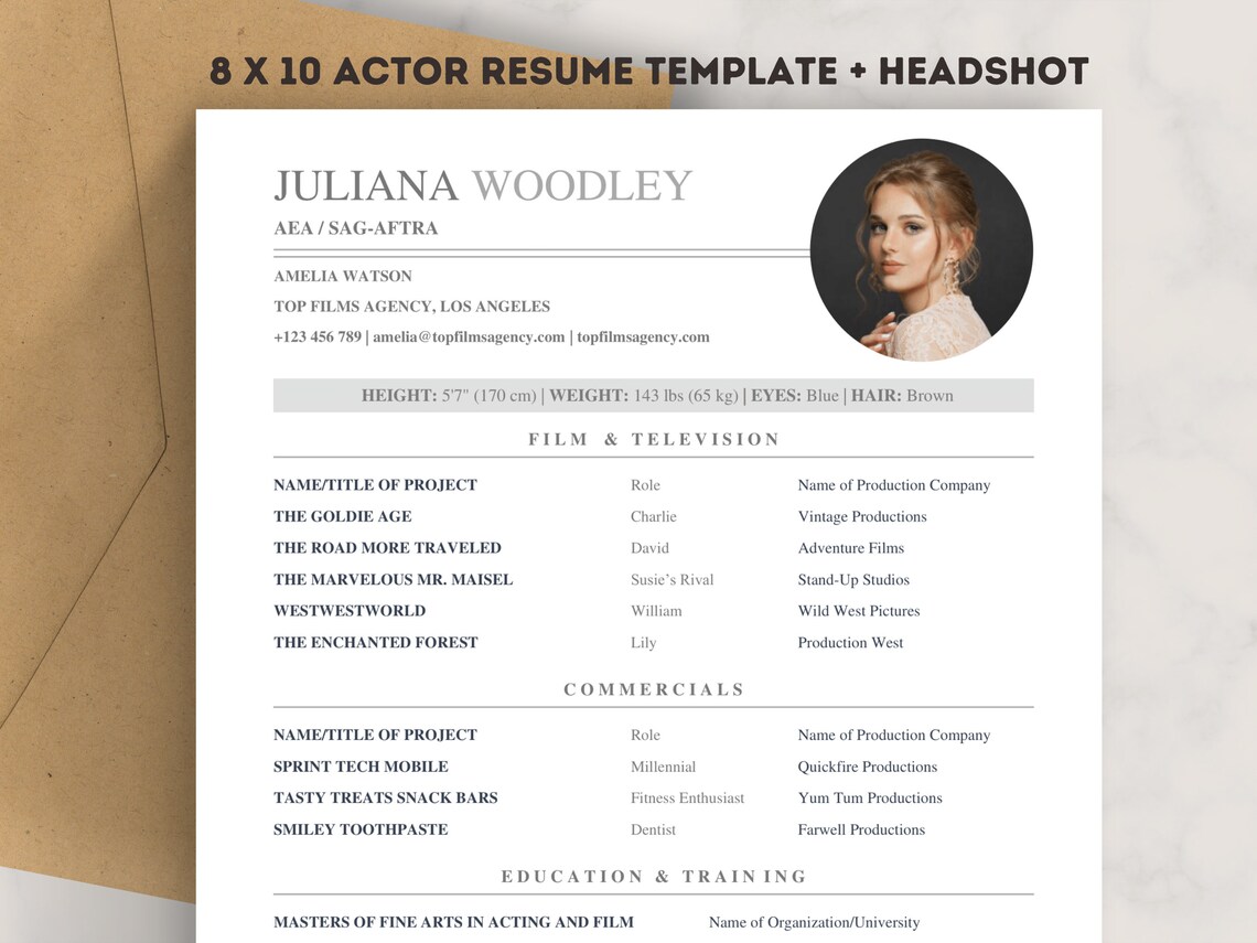 Actor Resume Template Headshot & Cover Letter, 8x10 for Microsoft Word ...