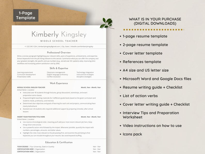 ATS Teacher Resume Template Google Docs, Word + Cover Letter ...