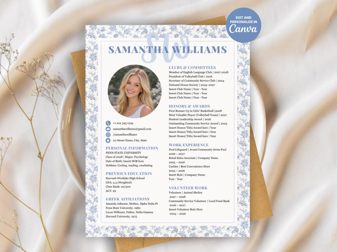 Sorority Resume Template Canva | Editable Blue Social Resume With Photo ...