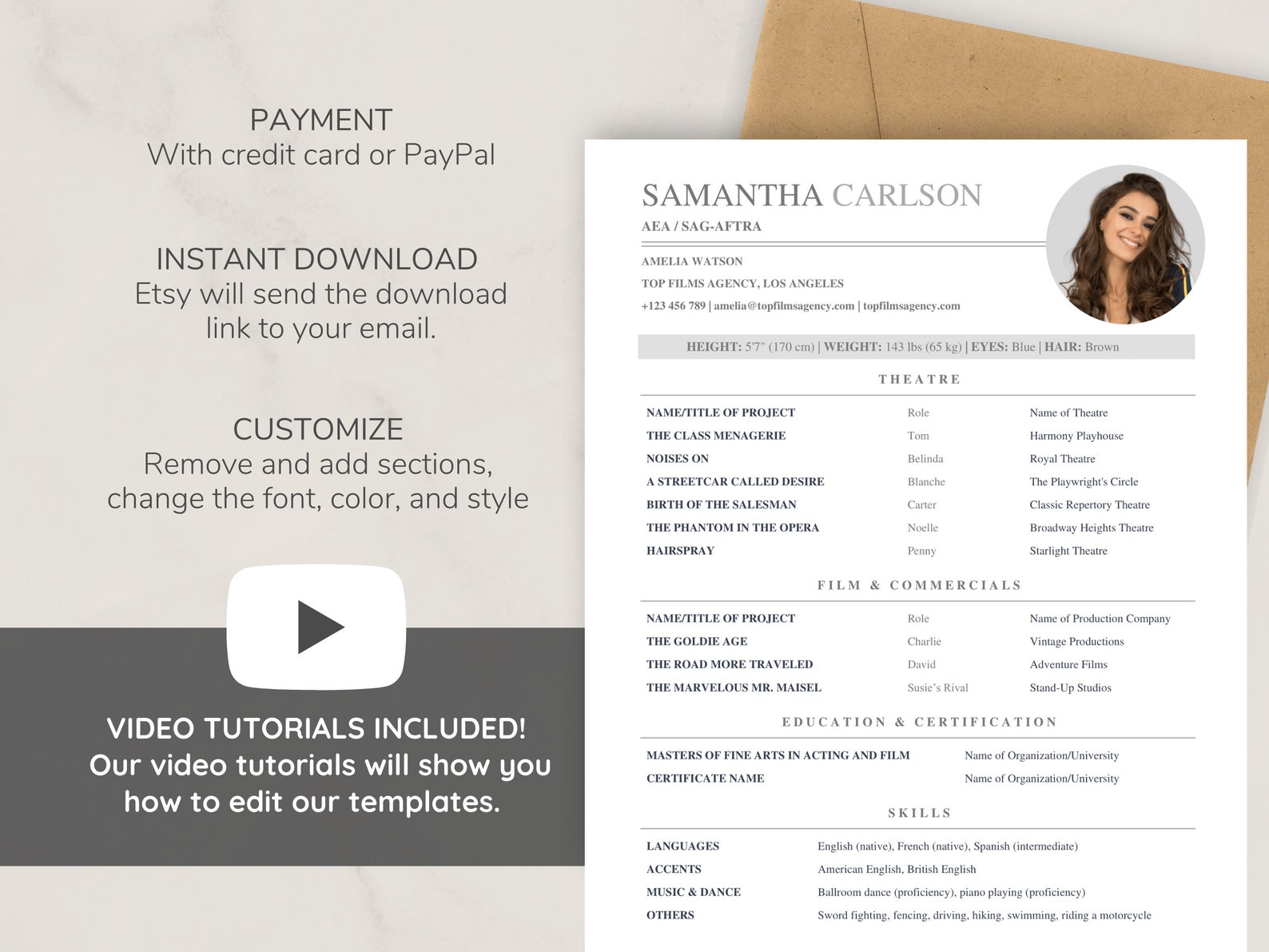 Theatre Actor Resume Template + Headshot & Cover Letter, 8x10 for ...