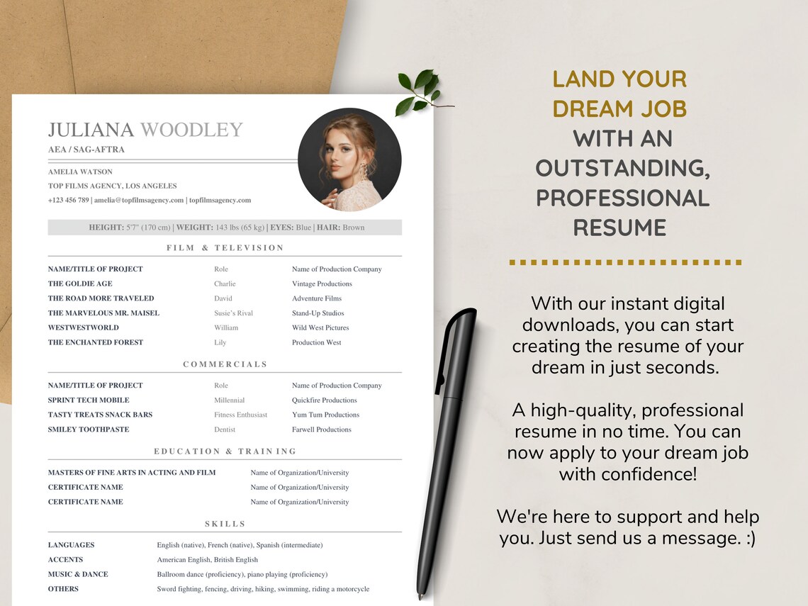 Actor Resume Template Headshot & Cover Letter, 8x10 for Microsoft Word ...