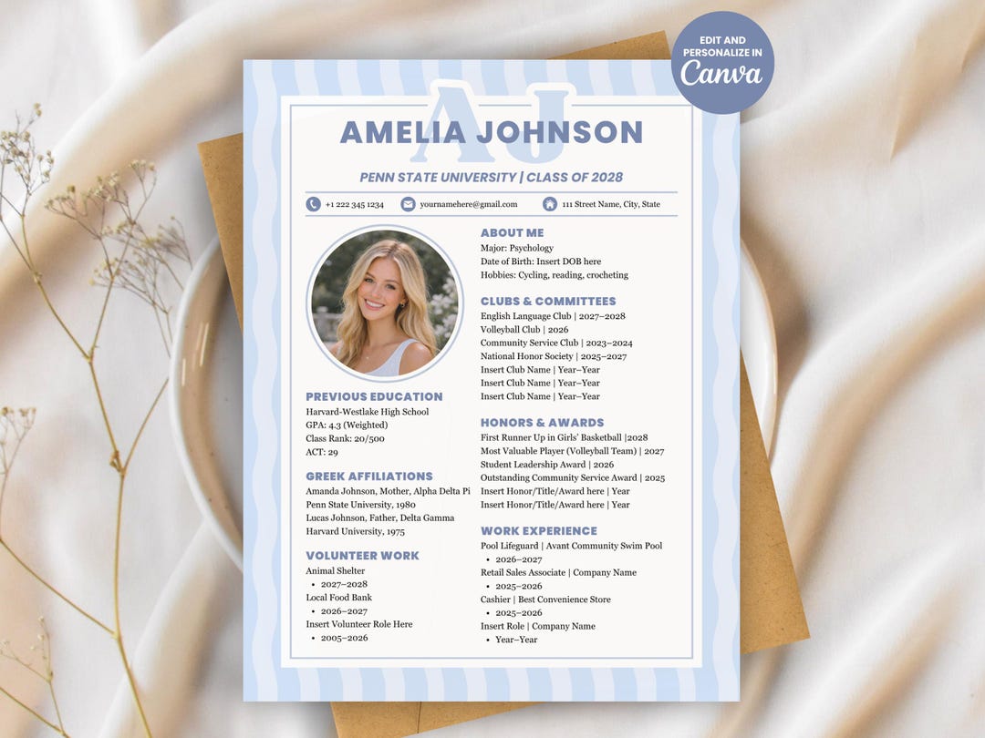 Sorority Resume Template Canva | Editable Blue Social Resume With Photo ...