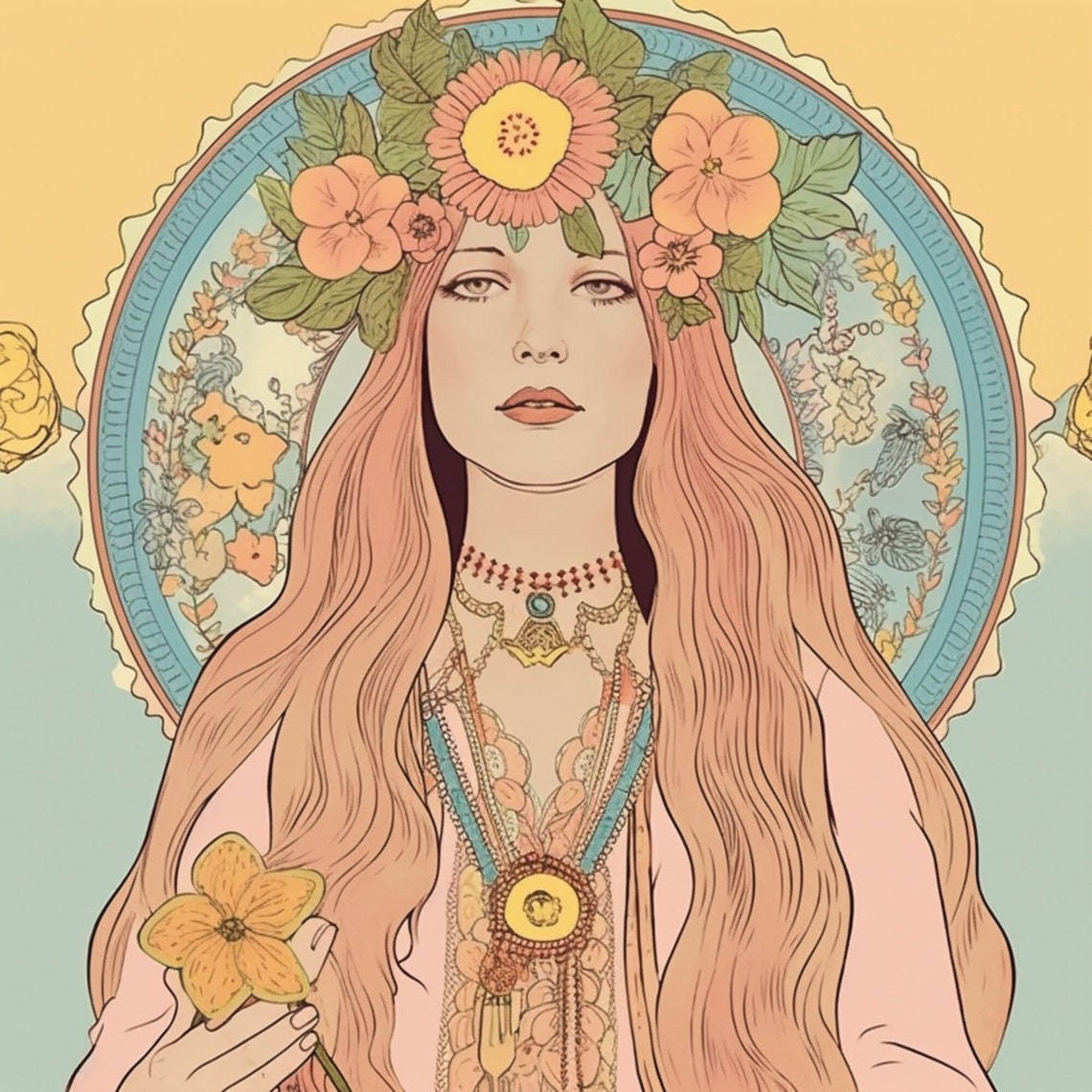 Queen of Pentacles Pastel 70's Style Wall Art, Digital Download - Etsy