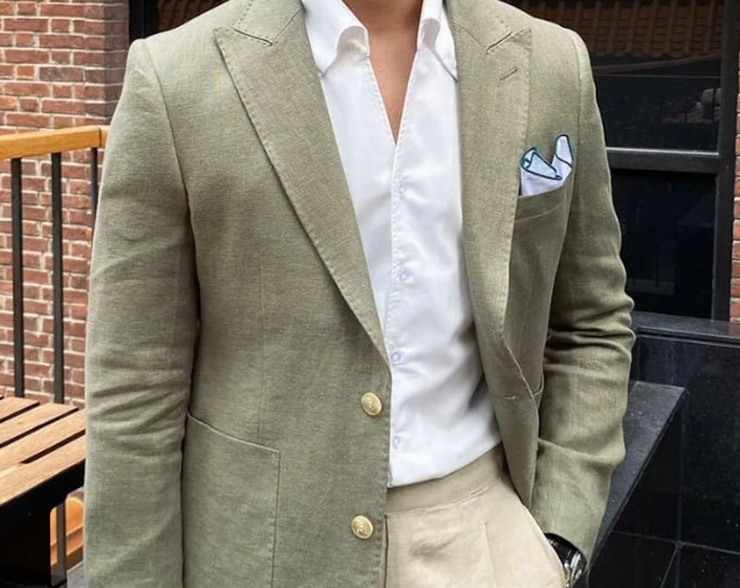 Green Linen Wedding Blazer: Men's Elegant Party Jacket - Etsy