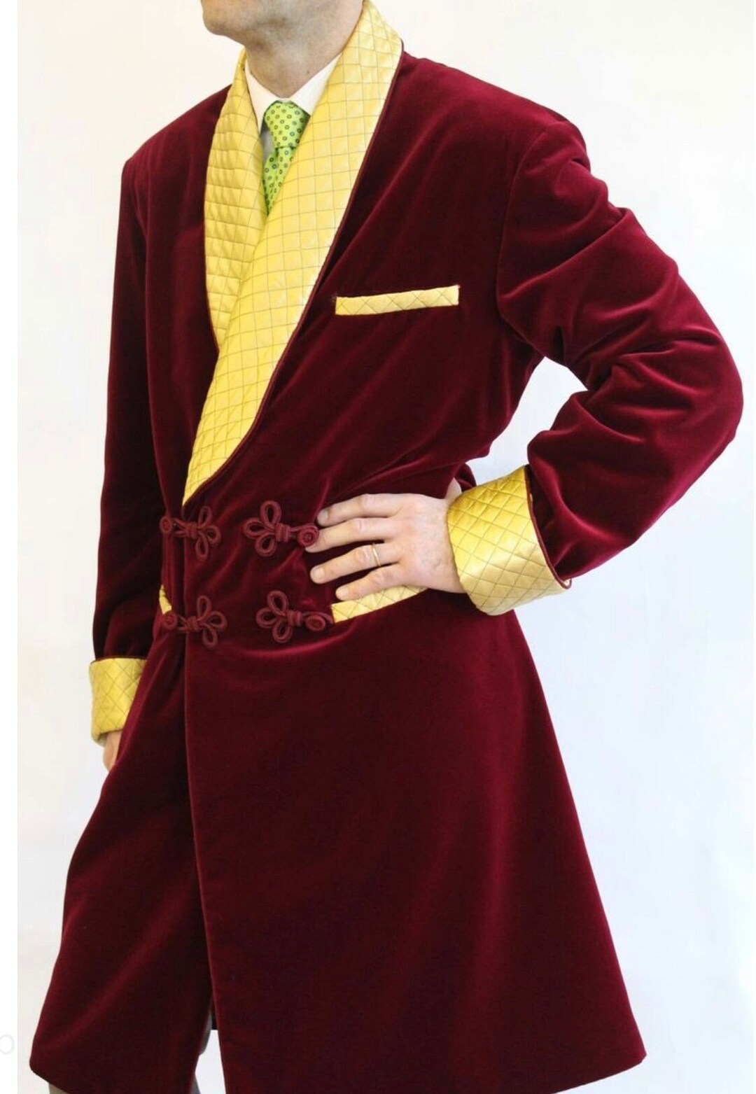 Men Smoking Gown Burgundy Velvet Long Jacket - Gift for Men - Yellow ...