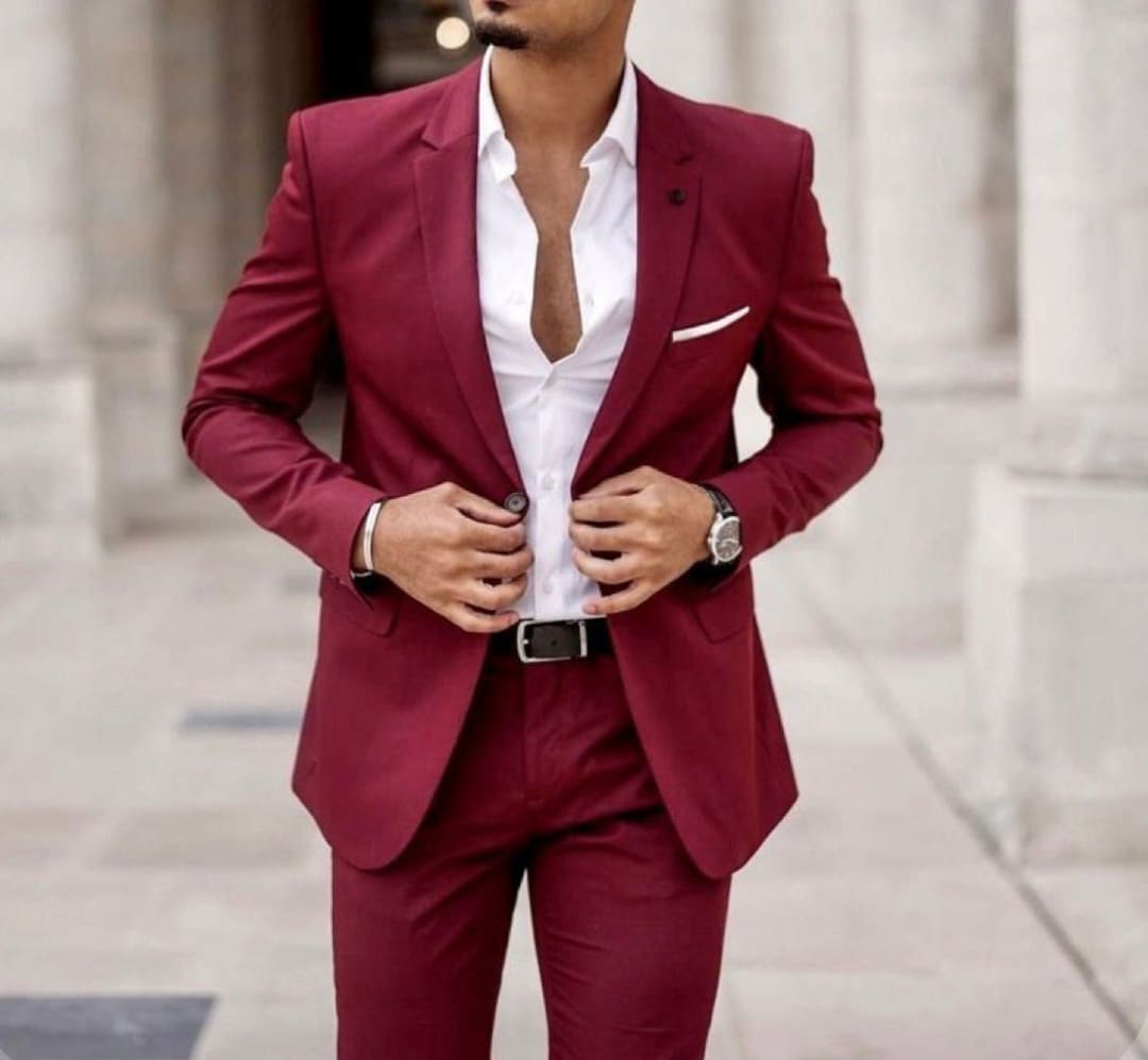 Mens Suits Maroon 2 Piece Suits Groomsmen Suits Mens Wedding Suits Engagement Gift Suit Casual ...