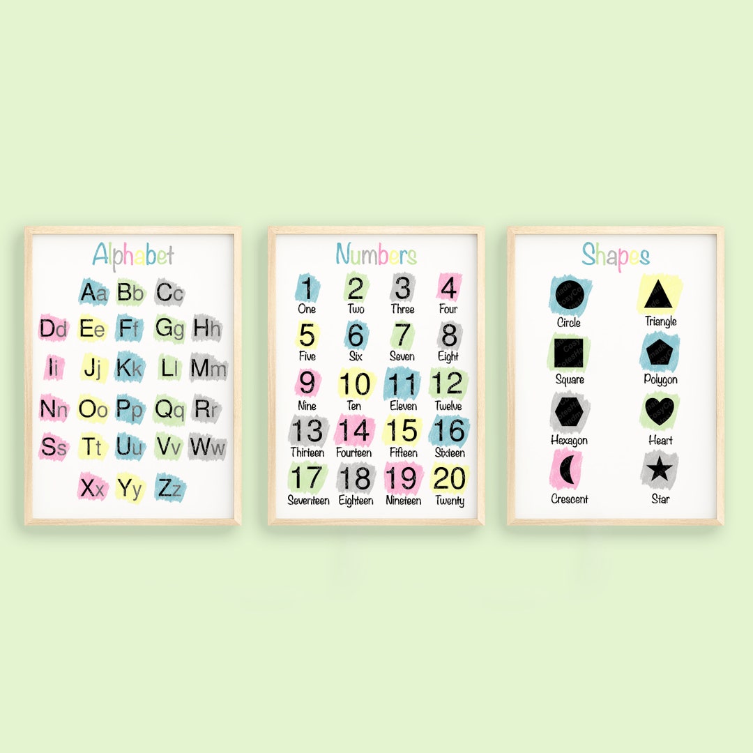 Set of 3 Printed Pastel Alphabet, Numbers and Shapes Posters ...