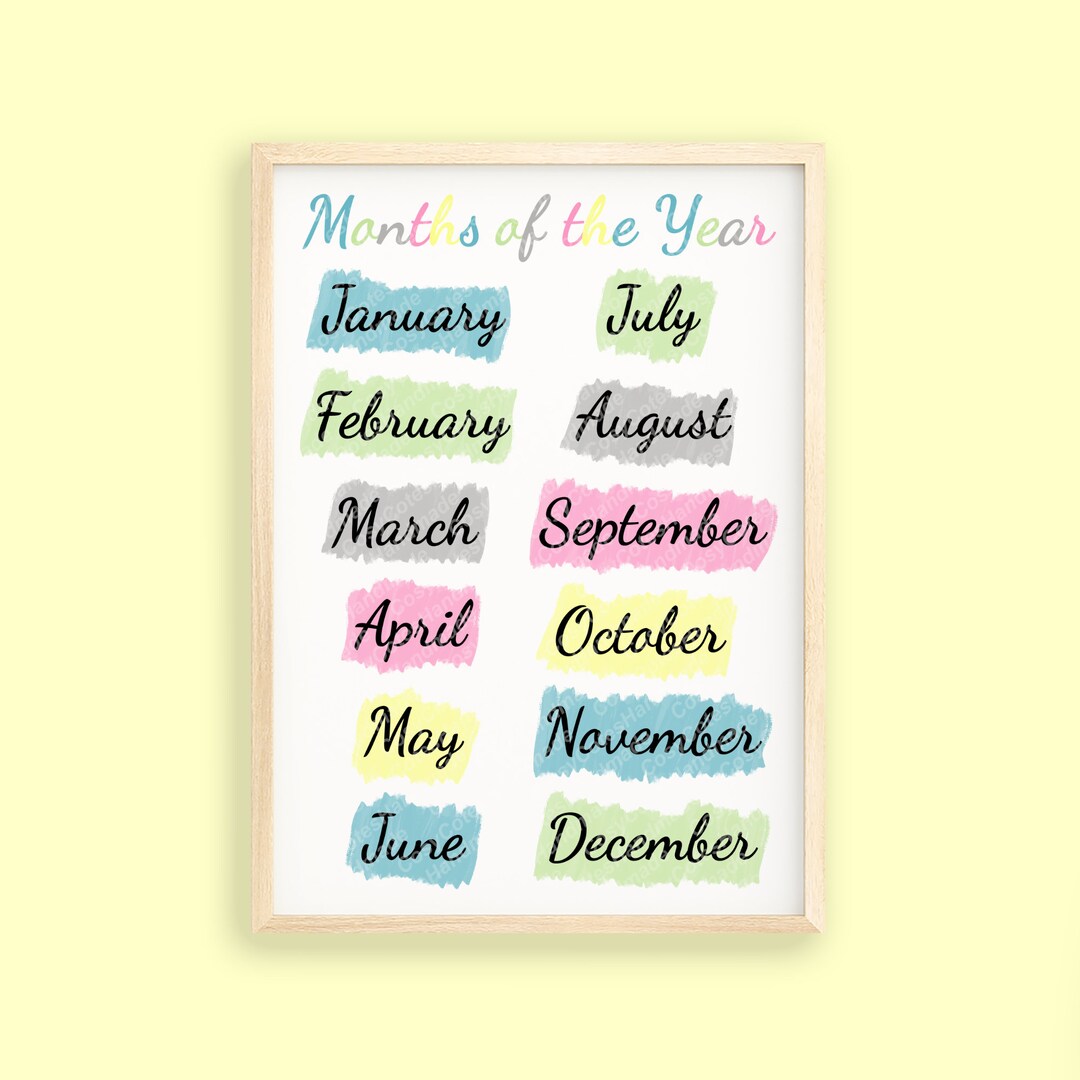 Printed Pastel Months of the Year Poster, Educational Wall Art Print ...