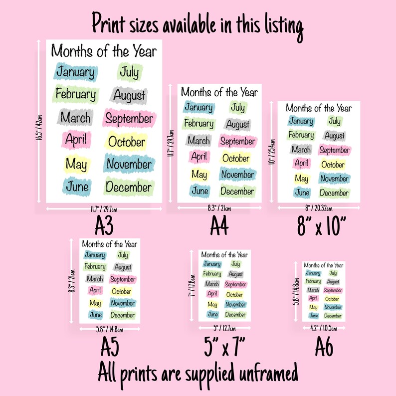 Printed Pastel Months of the Year Poster, Educational Wall Art Print ...