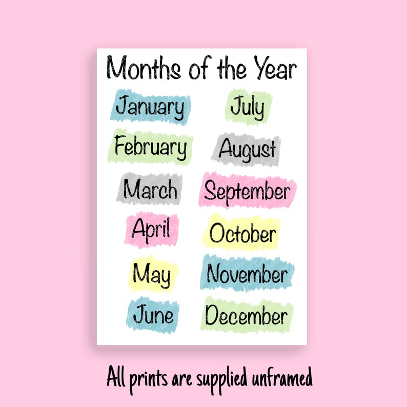 Printed Pastel Months of the Year Poster, Educational Wall Art Print ...