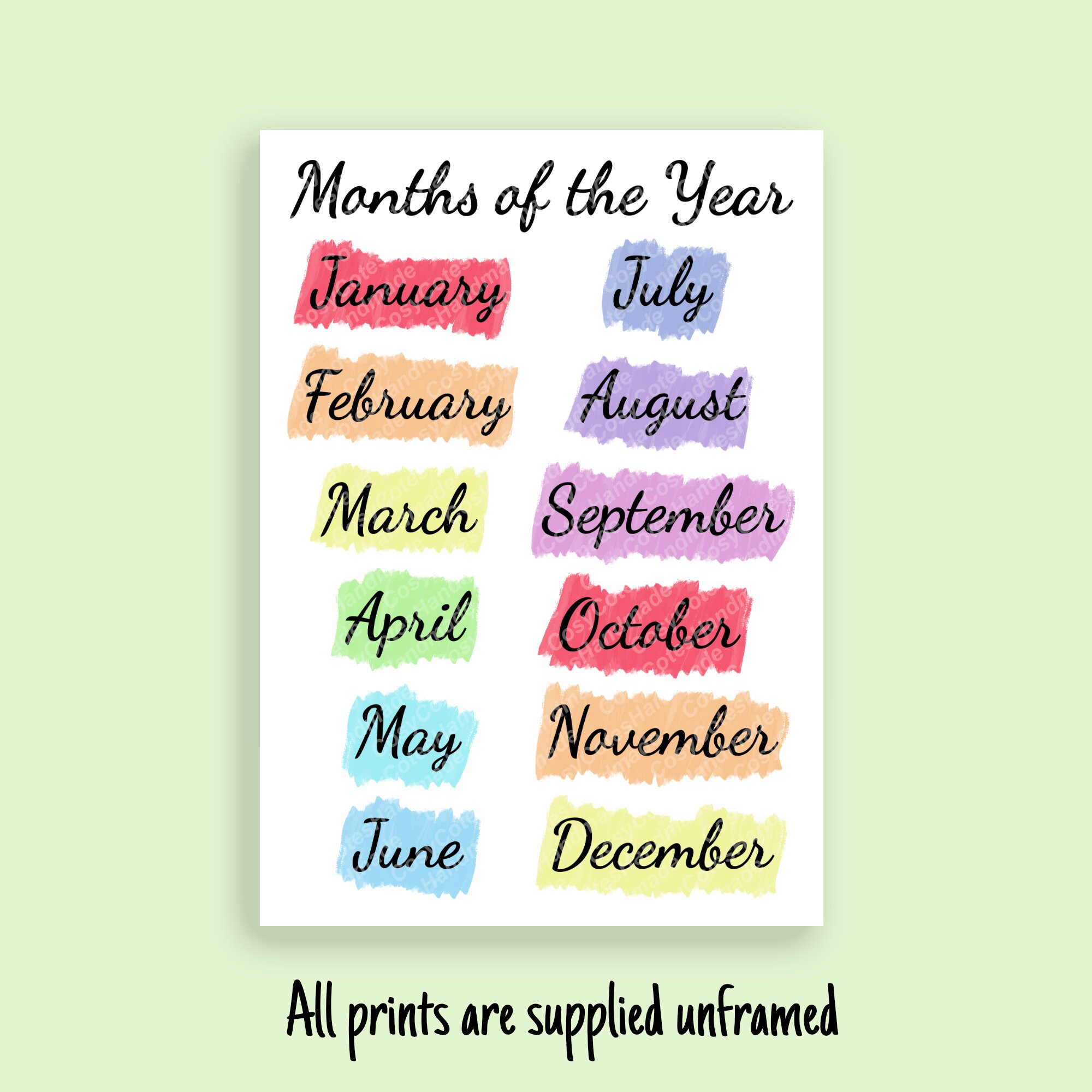 Printed Rainbow Months of the Year Poster, Educational Wall Art Print ...