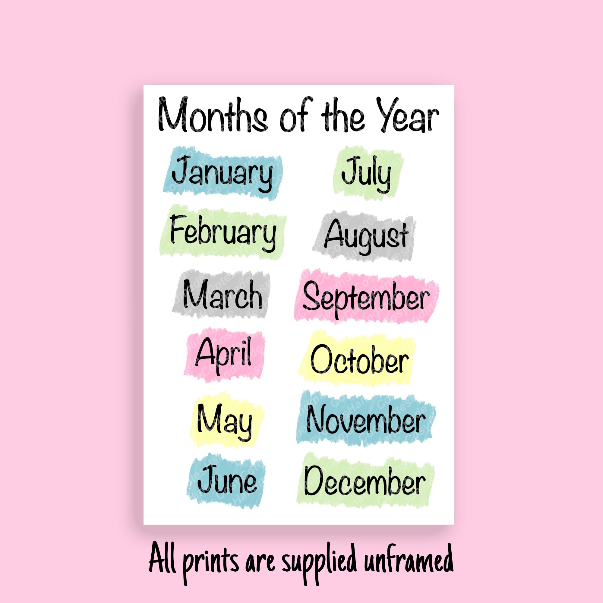 Printed Pastel Months of the Year Poster, Educational Wall Art Print ...