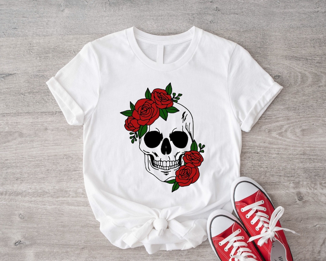 Skull With Red Roses Shirt, Floral Skull T-shirt, Unisex Gothic Shirt ...