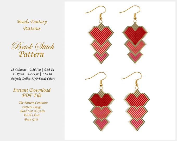 Heart Brick Stitch Earring Pattern: Valentines Miyuki Delica (PDF ...