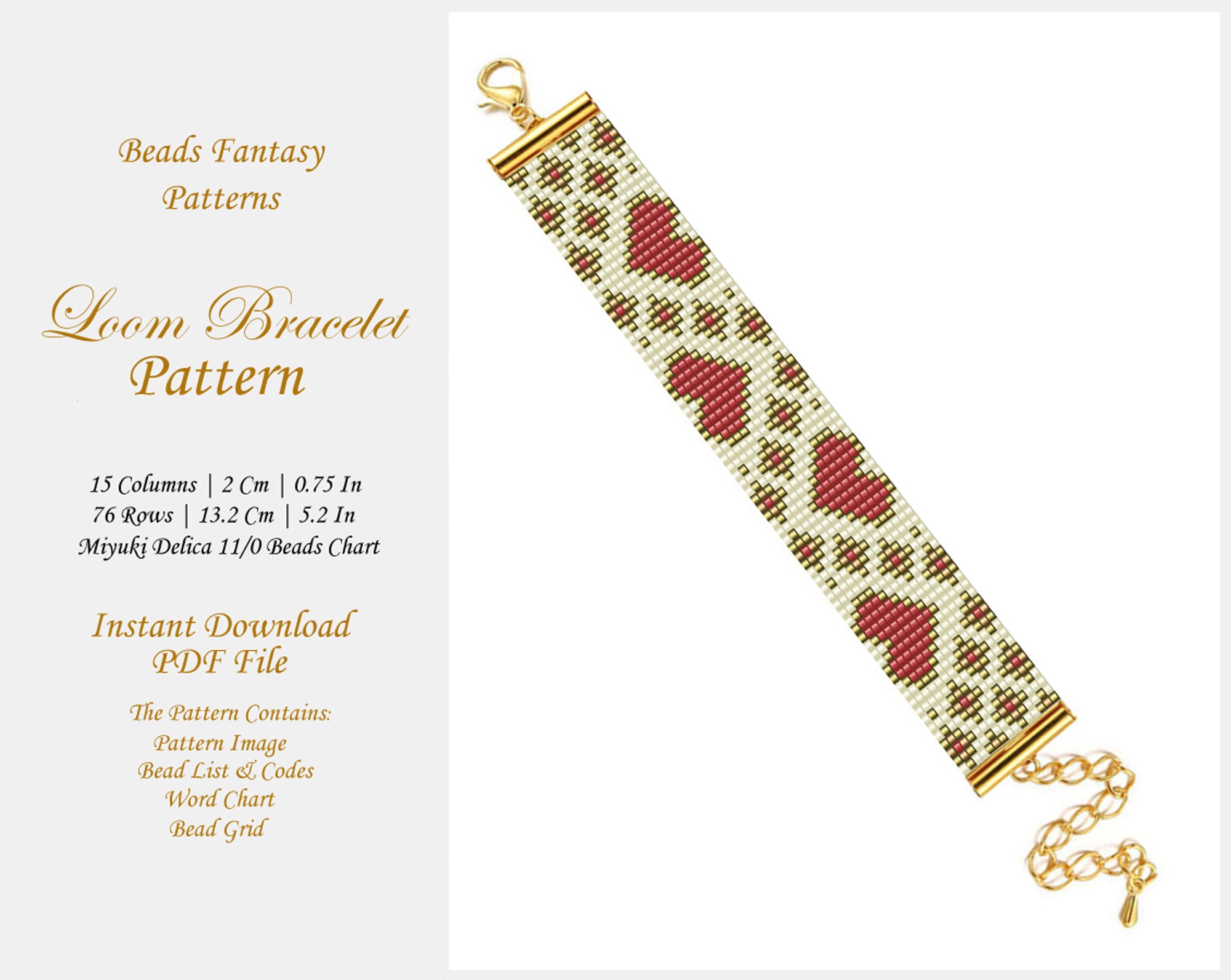 Heart Bracelet Pattern, Hearts Loom Bead Pattern, Loom Bracelet Pattern ...