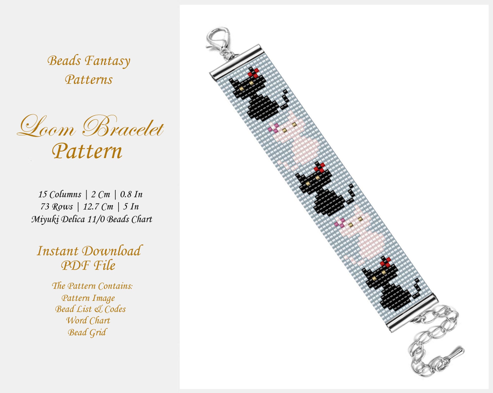 Cats Loom Bead Pattern, Loom Bracelet Pattern, Miyuki Beaded Black ...