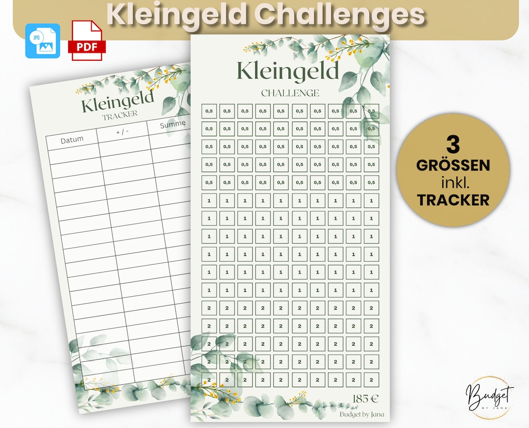 Kleingeld Sparchallenge 2 Größen - PDF sofort Download inkl. JPG Datei ...