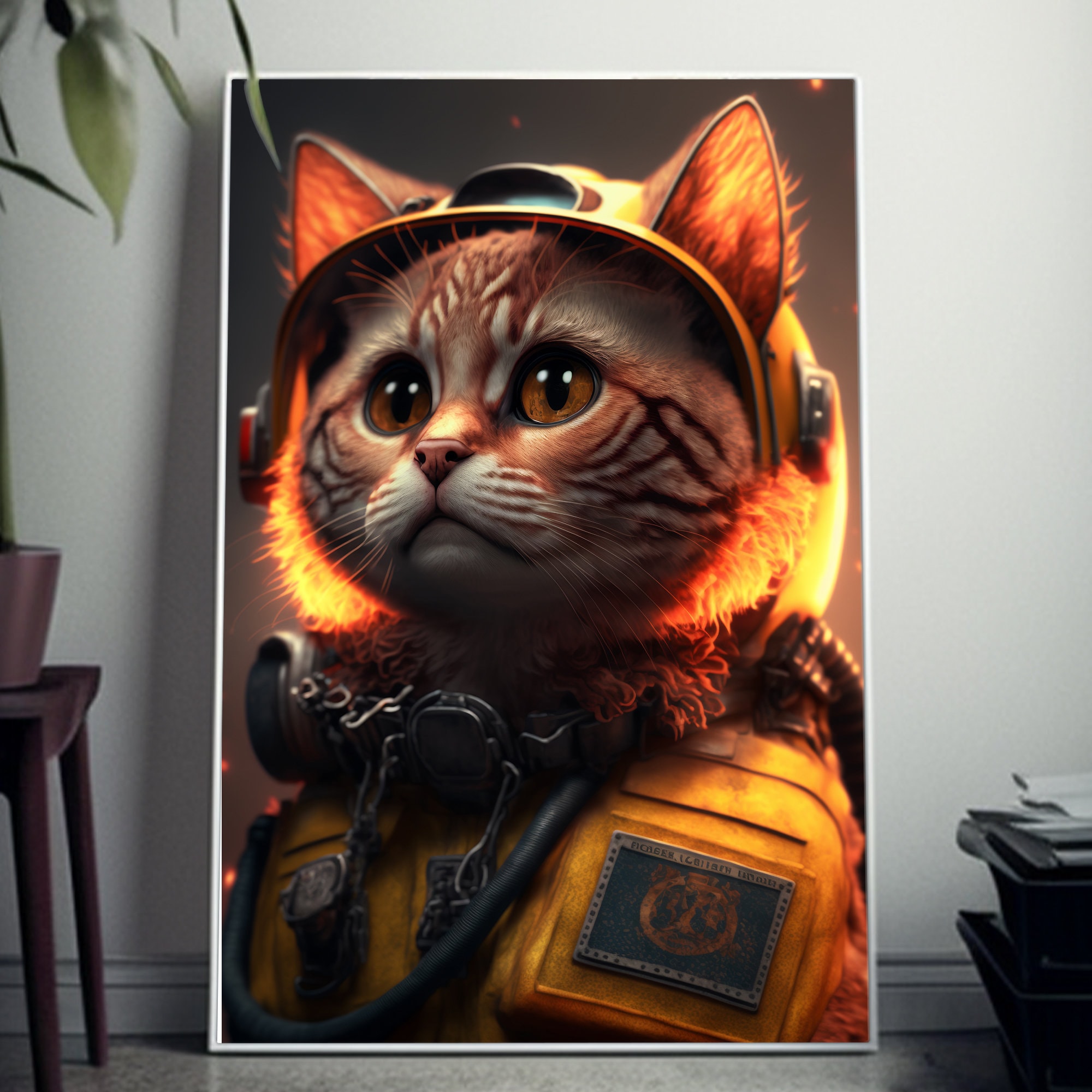 Firefighter Realistic Cat Character Portrait Cat Wall Art Print Fireman ...