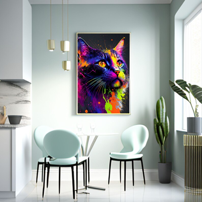 Cat Wall Art Print Cute Cat Poster Colorful Downloadable Artwork Abstract Digital Products ...