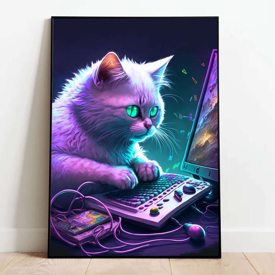 Gaming Decor - Gamer Cat Art Print - Cat Lover Gamer Gifts - Instant ...