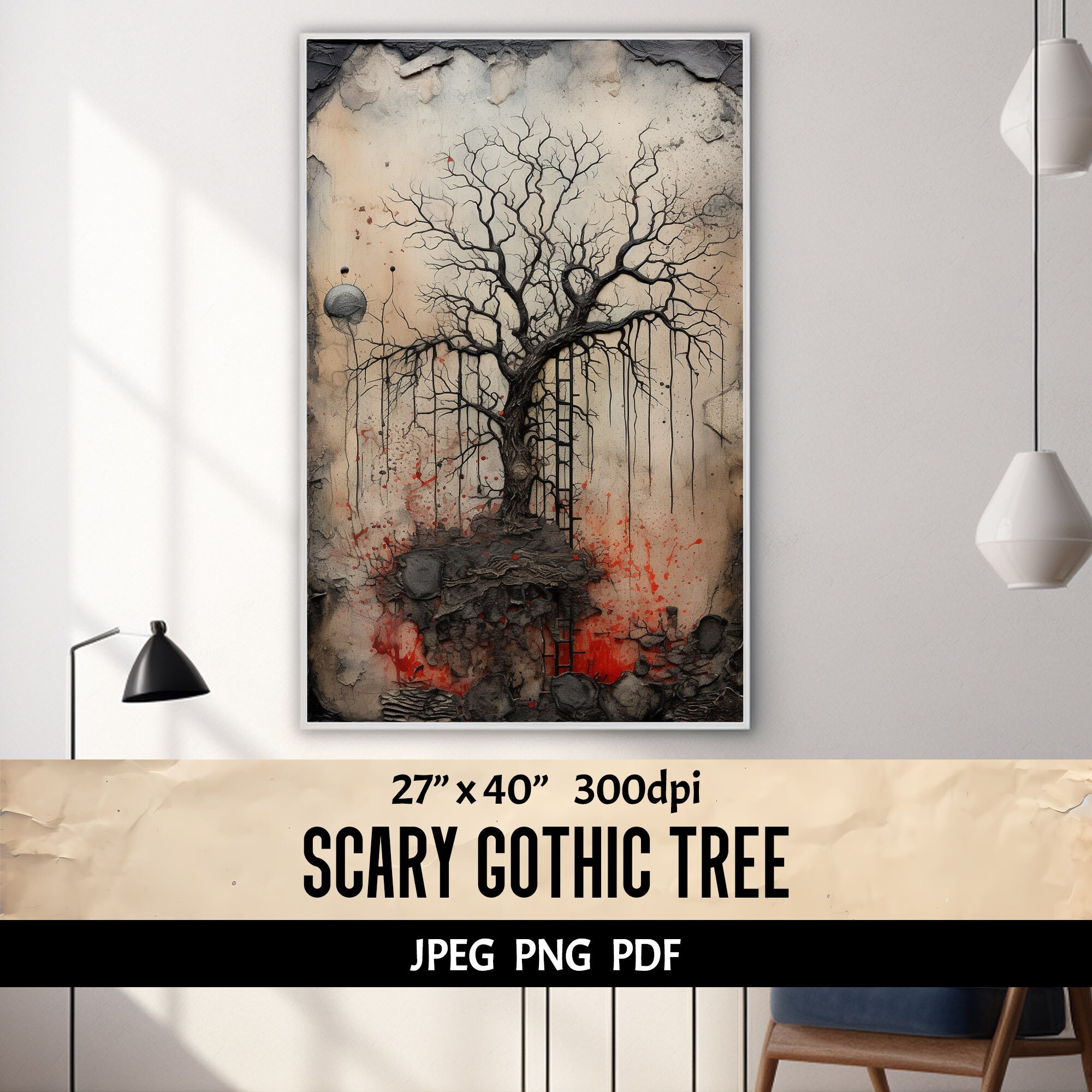 Scary Gothic Tree - Goth Art Print - Scratched Aged Grunge Wall Art ...