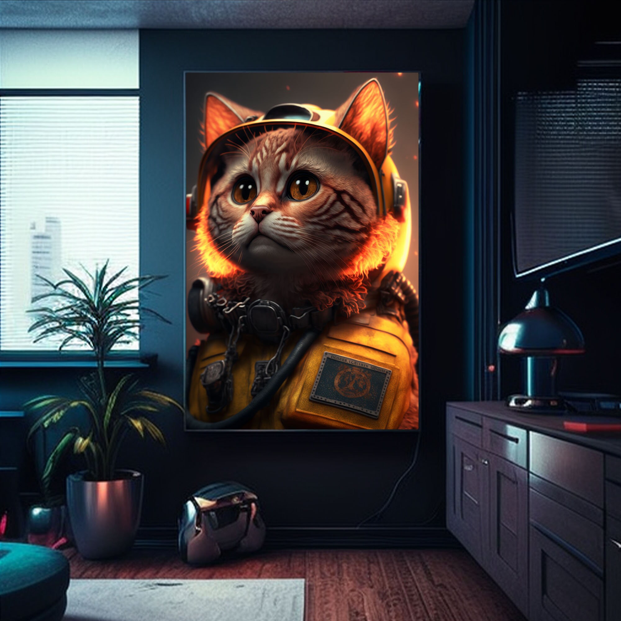 Firefighter Realistic Cat Character Portrait Cat Wall Art Print Fireman ...