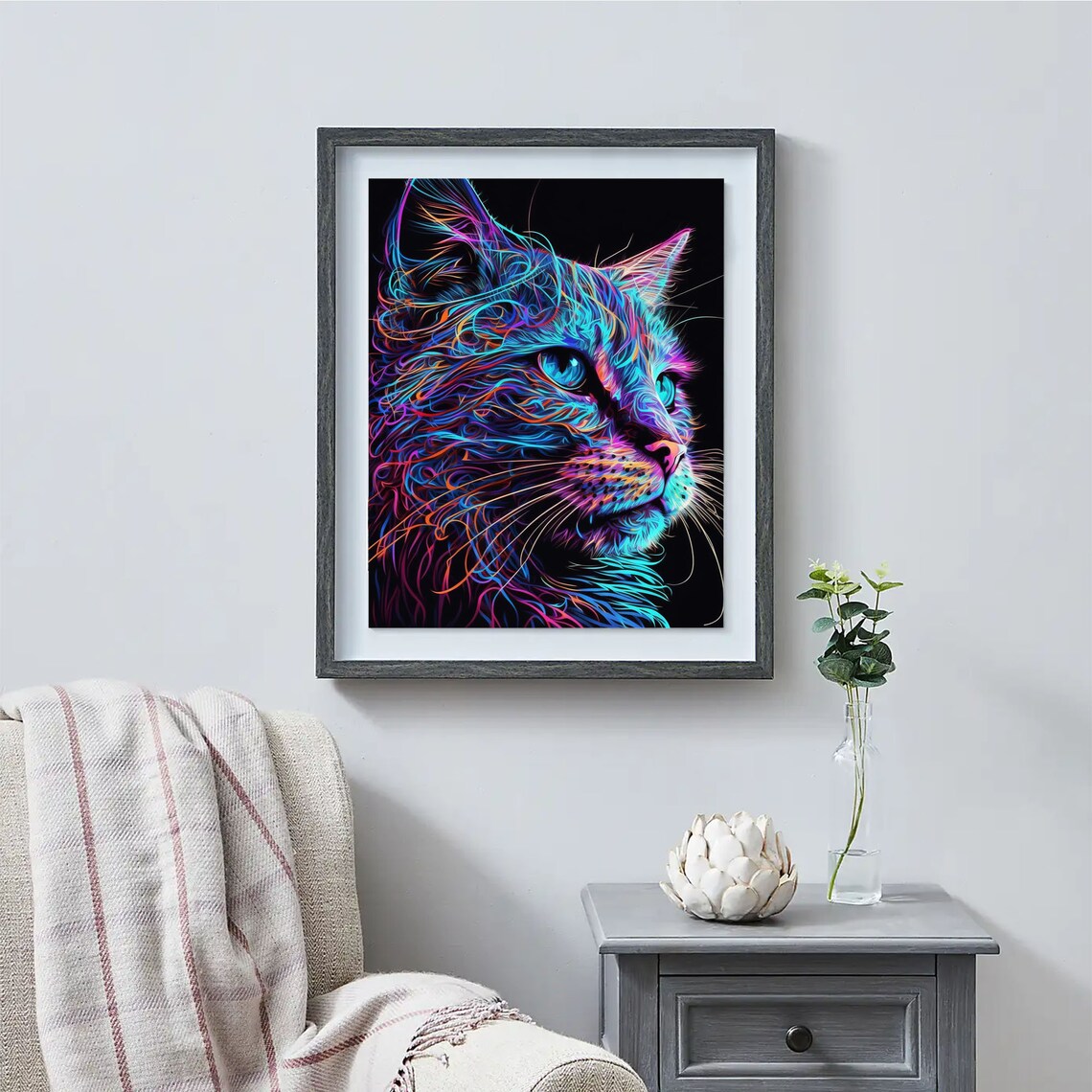 Cat Neon Art Print Abstract Wall Decor Gifts for Cat Lovers AI ...