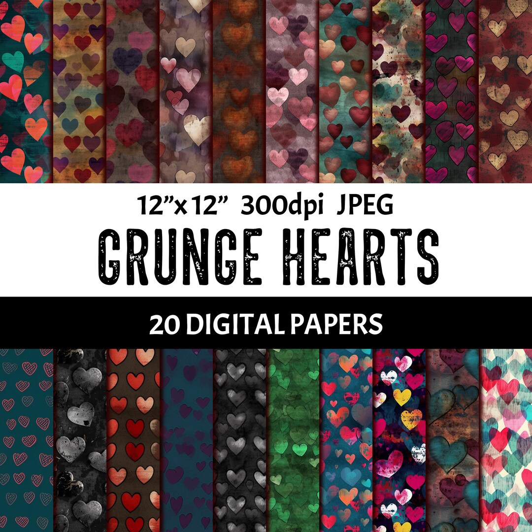 20 Grunge Love Heart Seamless Patterns, Hearts Digital Paper ...