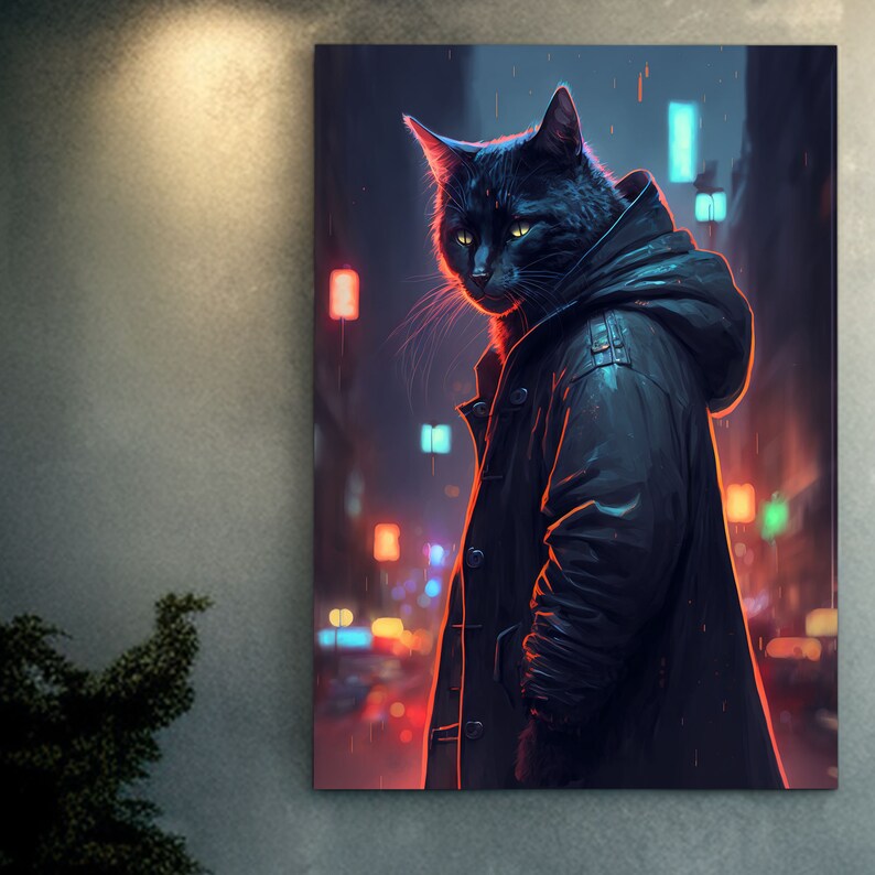 Cat Night City Street Art Anime Style Neon Wall Art Gifts for Cat ...