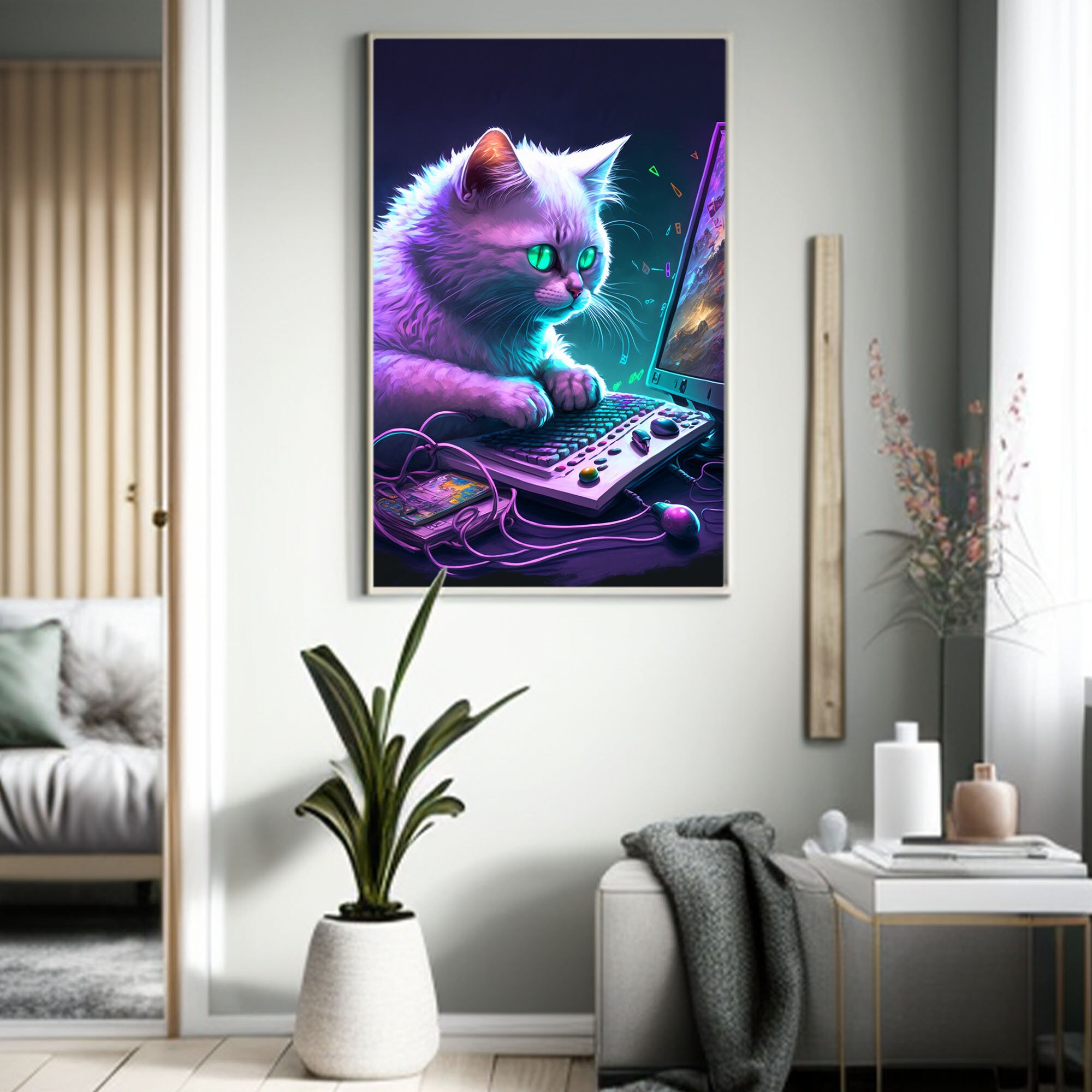 Gaming Decor - Gamer Cat Art Print - Cat Lover Gamer Gifts - Instant ...