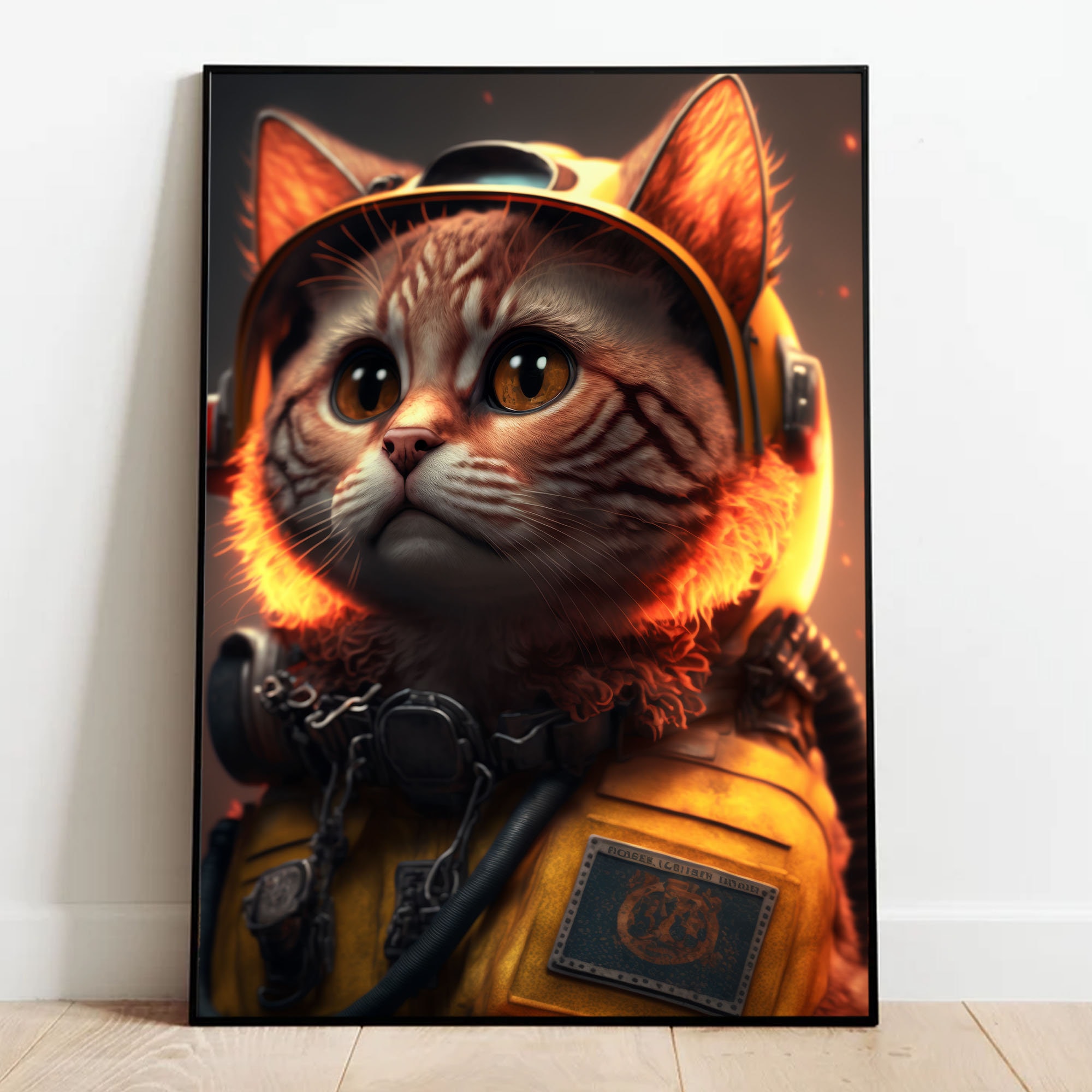 Firefighter Realistic Cat Character Portrait Cat Wall Art Print Fireman ...