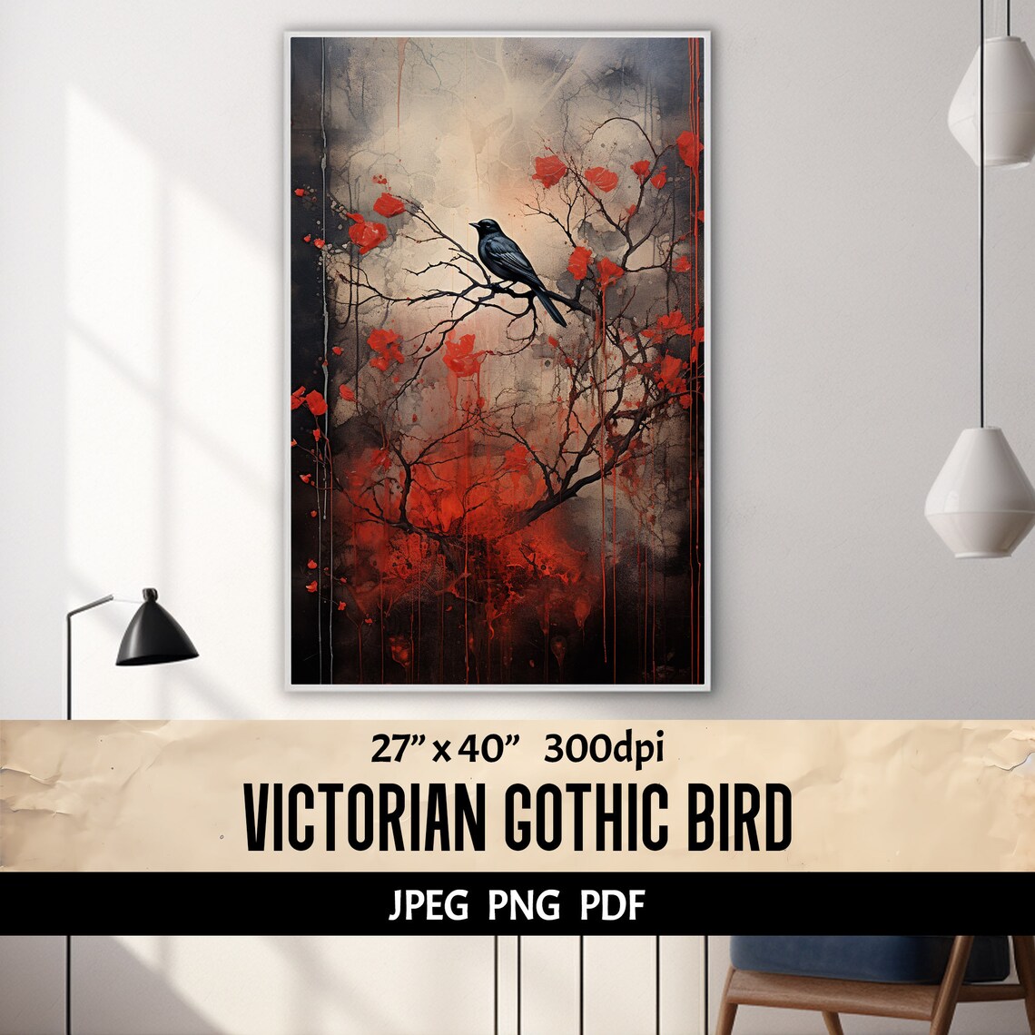 Victorian Gothic Bird Goth Art Print Scratched Aged Grunge Wall Art ...