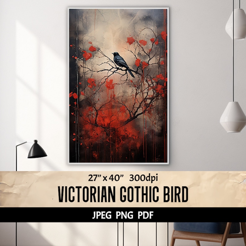 Victorian Gothic Bird - Goth Art Print - Scratched Aged Grunge Wall Art ...