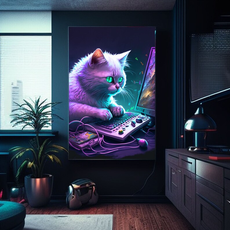 Gaming Decor Gamer Cat Art Print Cat Lover Gamer Gifts Instant Download ...