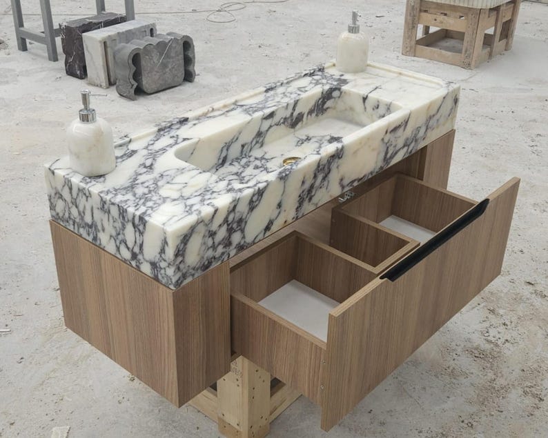 Calacatta Viola Marble Sink, Wooden Unit, Kitchen Sinks, Bathroom Sink ...