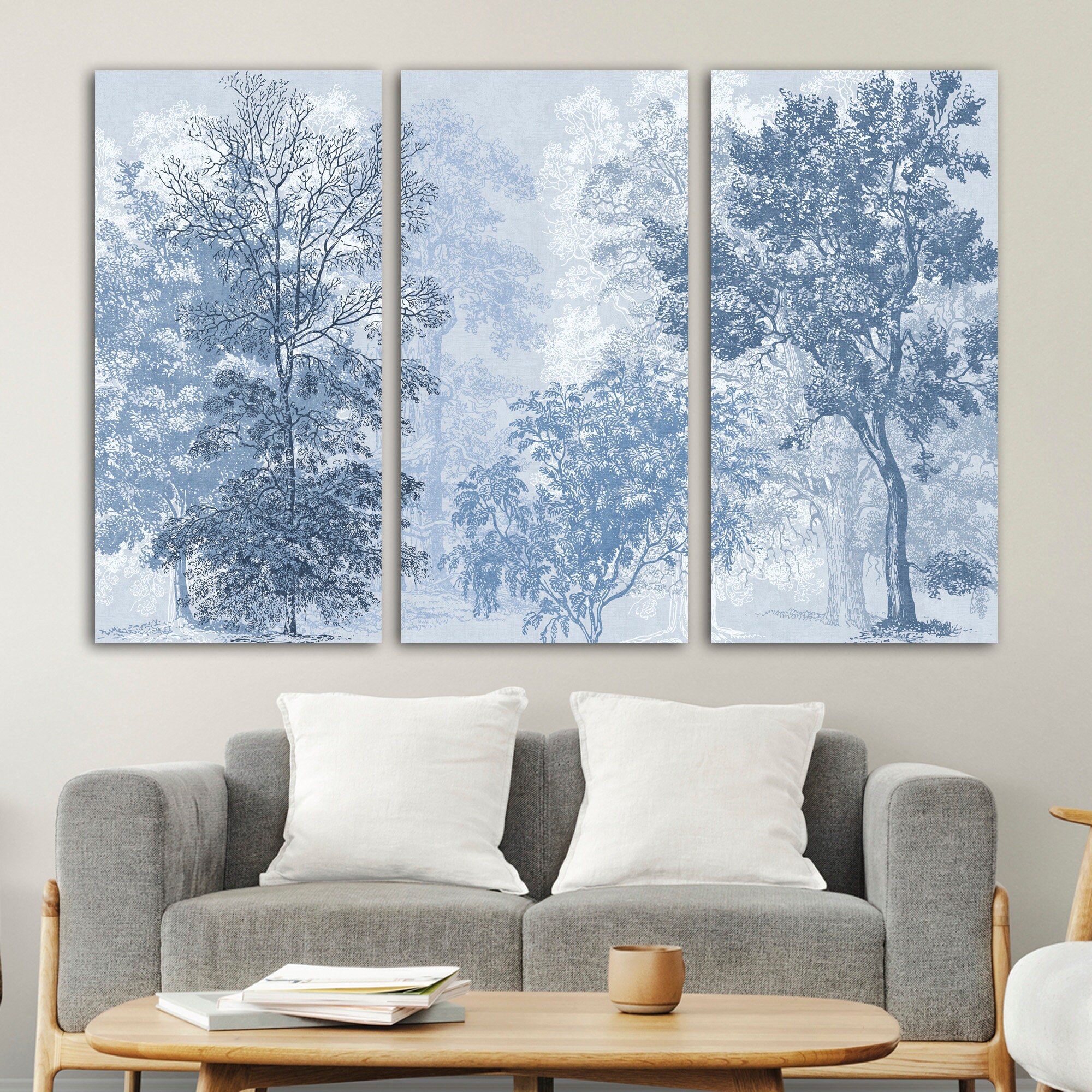 Blue Trees Wall Art, Blue Floral Canvas Wall Art, 3 Panel Blue Tree ...